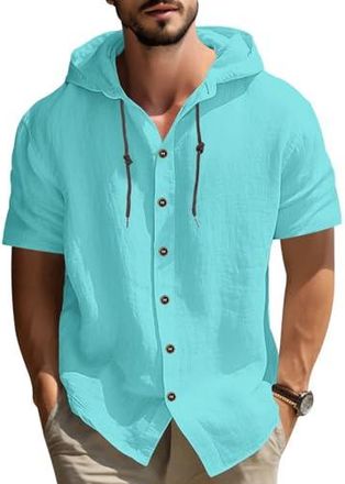 Generic Chemises en lin pour homme - Chemise de loisirs - Coton et lin - Sweat &agrave; capuche - Chemise de plage - Haut avec capuche - Chemise pour homme, bleu, XX
