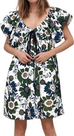 Generic Robe boh&egrave;me 2026 pour femme, robe &agrave; noeud &agrave; fleurs, col en V profond, &eacute;l&eacute;gant, mini manches bouffantes, motif floral fluide, camouflage, S