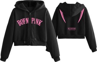 Generic BLI-NK Album Born Pink Hoodie Support Bedrucktes Merch-Sweatshirt Baumwoll-Rei&szlig;verschluss-Shirts(A Black-Fleece,3XL)