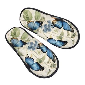 Generic Papillon Vintage Et Feuilles Printani&egrave;res Unisexe Pantoufles Peluche Chaussures De Maison Chaud Chaussons Pour Ext&eacute;rieur Int&eacute;rieur Hiver L