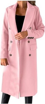 Generico Manteau Trench pour femme long chaud à double boutonnage veste élégante en laine coupe-vent imperméable pour automne et hiver trench avec rabat, Rosé,