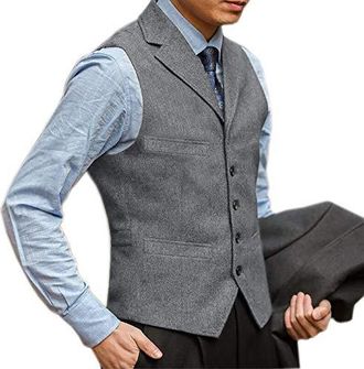 Solovedress Gilet de costume homme Vintage revers cranté Tweed La laine pour le mariage(Gris Argenté, M)
