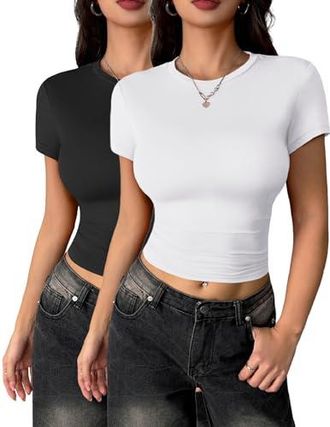 Zeagoo 2 Pack Basique Haut Femme Classique Manches Courtes Top Couleur Unie Moulante T-Shirt Col Rond Tee Shirt Noir et Blanc XS