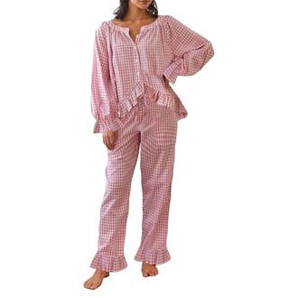 Generic Y2K Ensemble de pyjama vichy pour femme 2 pi&egrave;ces en gaze de coton avec manches bouffantes et pantalon &agrave; volants, rose, L