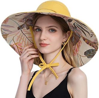 Feoya Chapeau de Plage Femme Chapeau dété Pliable à Large Bord Chapeau avec Trou pour Queue de Cheval Capeline Anti-Soleil B4