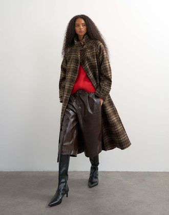 Topshop formaler Mantel mit Stehkragen und Longline-Schnitt in Braun kariert-Multi