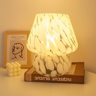 Relaxdays Tischlampe, Pilz Design, Glas, E27, batteriebetriebene Nachttischlampe, HxD: 24 x 16 cm, Touchfunktion, wei&szlig;