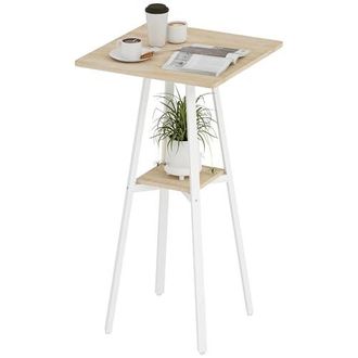 HOMCOM Table de Cuisine carr&eacute;e avec &eacute;tag&egrave;re, Table de Bar Haute pour 2 Personnes, Pieds en m&eacute;tal, pour Salle &agrave; Manger, 55x55x95 cm, Bois Naturel et Blanc