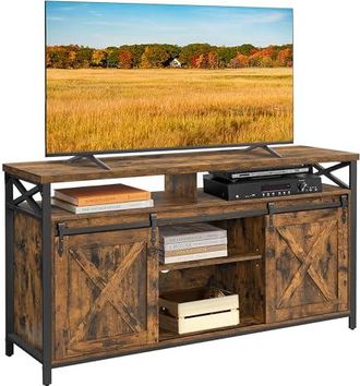Vasagle Meuble TV, Support pour Téléviseur Jusquà 65 Pouces, avec Étagères Réglables, Portes Imitation Grange, Style Rustique, Cadre en Métal, Marron Rustique