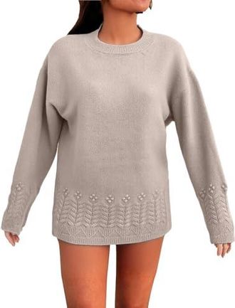Generic Pull pour femme col rond couleur unie pull r&eacute;tro crochet motif floral pull pull haut d&eacute;contract&eacute; confortable &agrave; porter au quotidien pour lautomne et lh