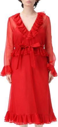 Valentino Garavani Femme, Robes, Rouge, Taille: 40 FR Robe midi en soie &agrave; col en V et ceinture