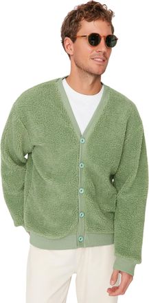 Trendyol Green V-Neck Plush Oversize Cardigan - Warm, Buttoned - TMNAW23HI00062