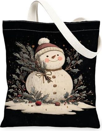 Generic Sacs fourre-tout en toile motif bonhomme de neige dhiver, d&eacute;coration de vacances, sacs d&eacute;picerie l&eacute;gers et lavables, festifs respectueux de lenvironne