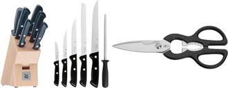 WMF Classic Line Messerblock mit Messerset, 7-teilig, bestückt, 5 Messer, 1 Wetzstahl, 1 Block & WMF Küchenschere 21 cm, Haushaltsschere mit Sägeschliff, 