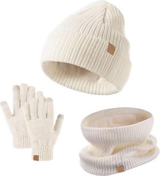 Generic Lot de 3 gants dhiver tricotés pour enfants avec bonnet, moufles tactiles, cache-cou pour garçons et filles de 5 à 14 ans, beige, Taille unique