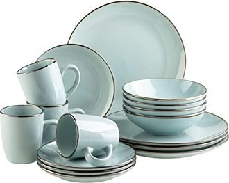 Mäser Modernes Geschirr Set für 4 Personen mit messingfarbenem Rand, 16-teiliges Kombiservice mit randlosen Coupe-Formen, Mint
