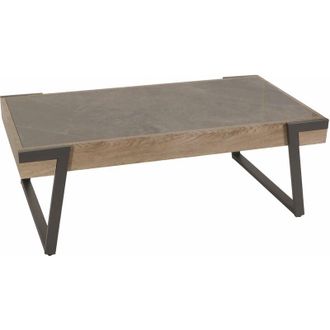 Hhg Couchtisch HHG 702, Sofatisch Wohnzimmertisch, Eisen 43x120x64cm Sinterstein Marmor-Optik grau Holz grau-braun