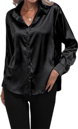 Generic Chemisier en satin élégant à manches longues pour femme - Tunique de travail décontractée - Tunique de travail boutonnée pour lautomne, Noir, S