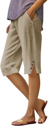 Generico Pinocchietti Femme dÉté Coton et Lin au Genou Capri Bermuda Élégant Décontracté Large Pantalon 7/8 Tailles Élastique Shorts Femme Léger Confortable Ta