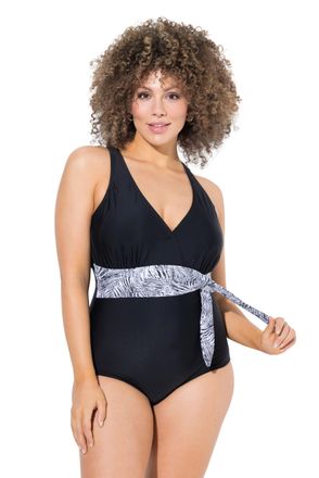 Ulla Popken Damen gro&szlig;e Gr&ouml;&szlig;en &Uuml;bergr&ouml;&szlig;en Plus Size Badeanzug, Neckholder-Optik, Softcups, Zierschleife schwarz 54 836257100-54