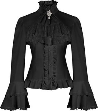 Generic Tee Shirt Femme Manche Flare- Chemise Medievale Col Jabot-Haut Pliss&eacute; Couleur Unie R&eacute;Tro pour Gothique Steampunk Renaissance Cosplay Cour Halloween Ca