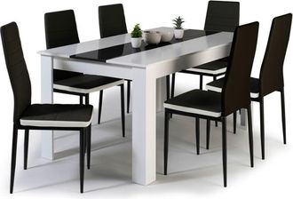 IDMarket Idmarket - Ensemble table à manger georgia 140 cm blanche et noire et 6 chaises romane noires liseré blanc