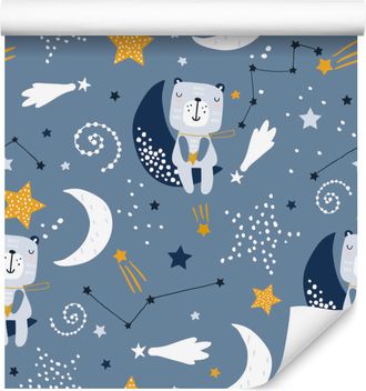 OEM Carta Da Parati Con Stelle, Lune E Orsetti Addormentati Per Soggiorno E Camera Da Letto, 50x1000 Cm