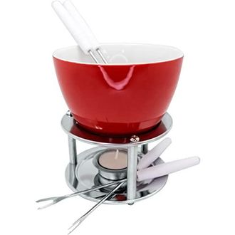 Nerthus Kitchenware FIH 022 - Fondue Chocolat/Fromage C&eacute;ramique avec Chandelle Incluse et 4 Brochettes, Base INOX, Couleur: Blanc et Rouge, Origine