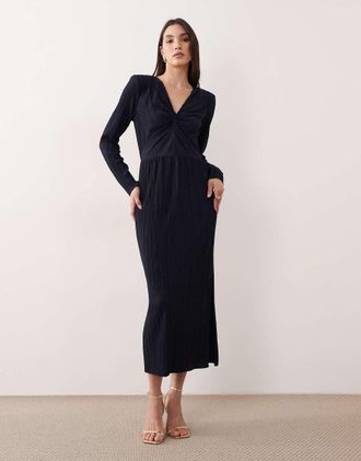 Vero Moda Robe longue pliss&eacute;e torsad&eacute;e devant &agrave; manches longues - Bleu marine