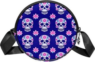 Generic Petit sac &agrave; bandouli&egrave;re circulaire pour femme, motif cr&acirc;nes, fleurs, petit sac &agrave; bandouli&egrave;re avec fermeture &eacute;clair, bretelles r&eacute;glables, sac &agrave; main ro