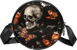 Generic Sac &agrave; bandouli&egrave;re rond pour femme, motif t&ecirc;te de mort et papillon, petit sac &agrave; bandouli&egrave;re avec fermeture &eacute;clair, bretelles r&eacute;glables, sac &agrave; main rond