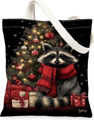 Generic Sacs fourre-tout en toile de raton laveur de No&euml;l, sacs d&eacute;picerie r&eacute;utilisables, rustiques, l&eacute;gers, lavables, Noir/blanc, 13x15 Inch