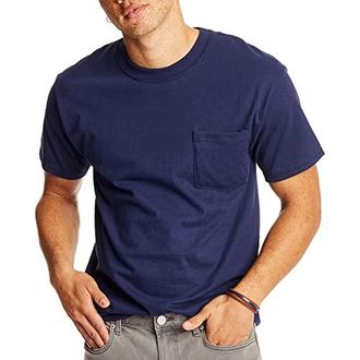 Hanes Mens Short Sleeve Beefy-T with Pocket, Navy, Medium