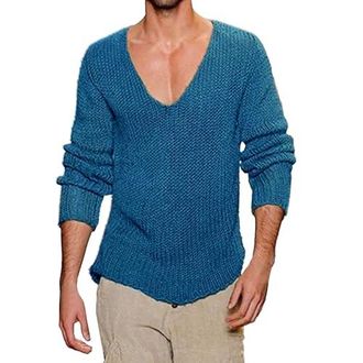 Generic Pull doux en tricot de laine &agrave; col en V pour homme, bleu, 3XL