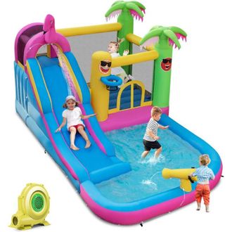 Costway H&uuml;pfburg mit Gebl&auml;se & Wasserrutsche, Wasserpark im Flamingo-Thema mit Planschbecken, Wasserkanone & Basketballkorb, f&uuml;r Garten, 450 x 300 x 260 cm