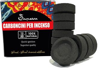 1Samsara Ungiftige pflanzliche Kohlen aus Holz f&uuml;r Weihrauch aus K&ouml;rnern, Harzen und Bl&auml;ttern, 100% nat&uuml;rlich, schnell entz&uuml;ndbar, 33 mm, 50/60 min - 1 Verpack