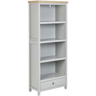 Beliani Beliani - B&uuml;cherregal Grau und Heller Holzfarbton Faserplatte mit 4 F&auml;chern und 1 Schublade Soft-Close Hoch Landhausstil Multifunktional Wohnzimmer