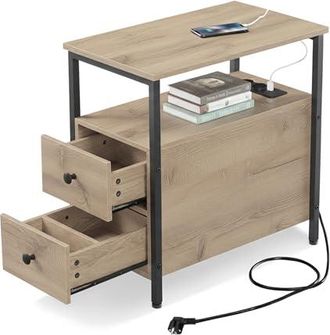 Relaxdays Beistelltisch mit Steckdosen, USB-Anschluss, 2 Schubladen, HxBxT: 61 x 35 x 60 cm, Nachttisch, Natur/schwarz