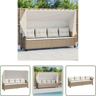vidaXL Bain de soleil - Chaise longue avec auvent et coussins beige r&eacute;sine tress&eacute;e