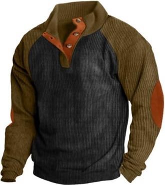 Generic Sweat-shirt en velours côtelé pour homme - Col montant - Élégant et confortable - Col en V - Manches longues - Chaud - Hiver, kaki, XXL
