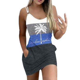 Generic Mini robe d&eacute;t&eacute; avec poche &agrave; motif cocotier et blocs de couleurs pour femme - Sans manches - Robe d&eacute;t&eacute; boh&egrave;me - Robe ample pour la plage - Essentiels d