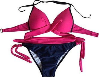 Generic Maillot de bain pour femme avec col en V push-up taille haute 2 pi&egrave;ces, rose vif, M