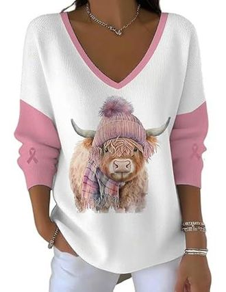 Generic T-shirt d&eacute;contract&eacute; &agrave; manches longues et col en V pour femme avec imprim&eacute; vache Highland Rose, rose, XXL