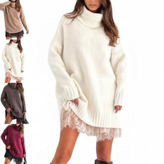 Generic Ensemble mini robe pull à col roulé pour femme, pull 2 pièces en tricot avec bordure en dentelle, haut doux et ample, pull uni et chaud, Combinaison b