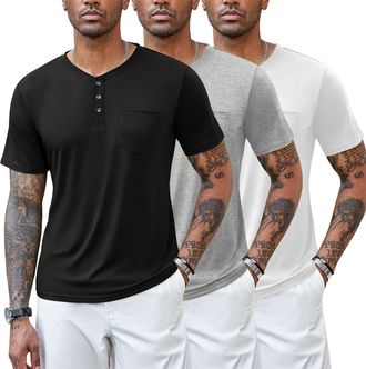 Coofandy 3er Pack Herren T-Shirt Kurzarm Henley Shirt Basic Shirts mit Brusttasche Männer Oberteile Tee Schwarz/Grau/Weiß S