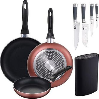 San Ignacio Set mit 3 Pfannen Ø 16/20/24 cm, aus gepresstem Aluminium, induktionsgeeignet + Set mit 4 Küchenmessern: Chef, Santoku, Schäler und Mehrzweck, Griff m