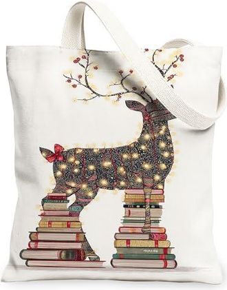 Generic Sacs fourre-tout en toile avec motif de cerf de No&euml;l, motif de renne &eacute;l&eacute;gant, l&eacute;ger et lavable, sacs d&eacute;picerie pour les vacances, blanc, 13x15 Inch