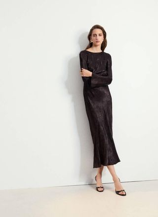 Mango Robe jacquard &agrave; manches &eacute;vas&eacute;es marron - Femme - XS - MANGO