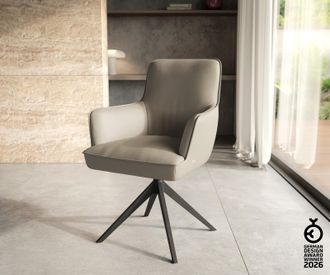 DELIFE Drehstuhl Heira-Flex mit Armlehnen Echt-Leder Schlamm Kreuzgestell breit Schwarz 360&deg; drehbar Taschenfederkern, Esszimmerst&uuml;hle