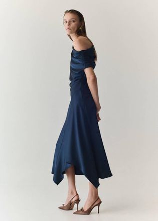 Mango Robe satin&eacute;e asym&eacute;trique bleu marine - Femme - L - MANGO
